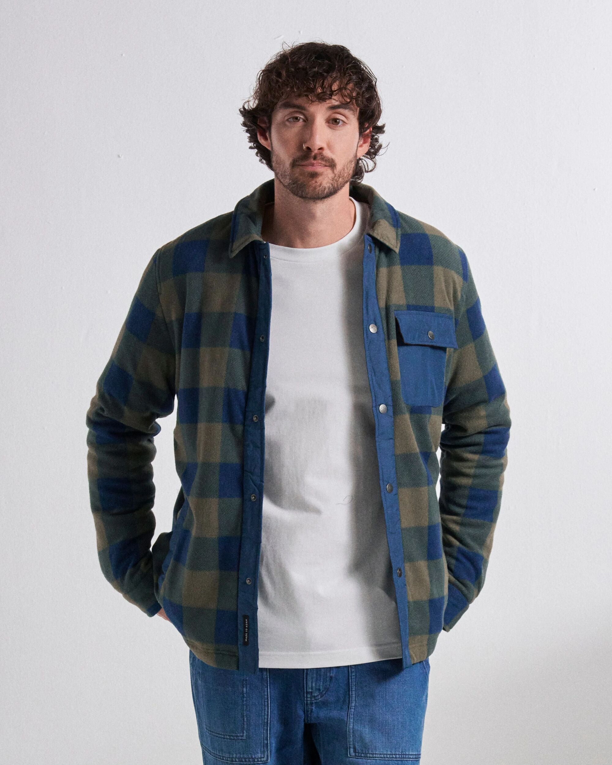 Firelight Sherpa Lined Overshirt Dusty Olive/Dark Denim Check – Passenger